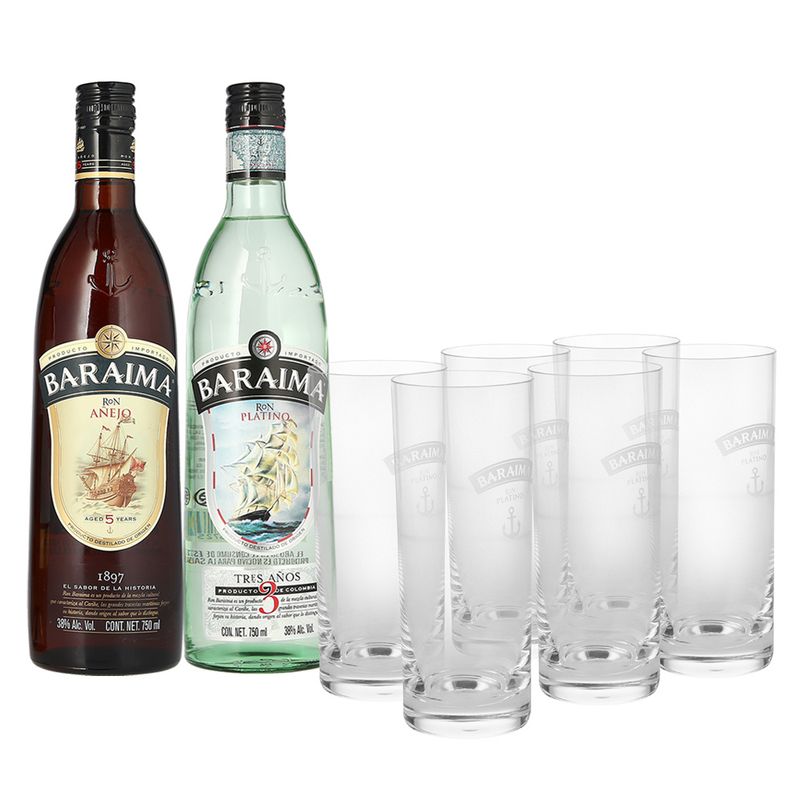 Ron Baraima Añejo 5A 750ml+Platino 750ml C/6 Vasos - Bodegas Alianza